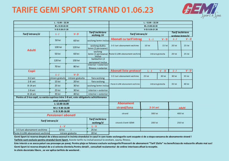 Abonamente si Tarife – Gemi Sport & Spa